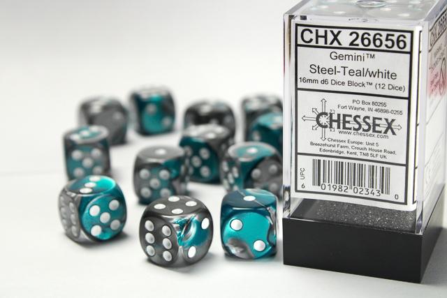Chessex d6 Cube - Gemini Steel-Teal with White – Pandemonium Games